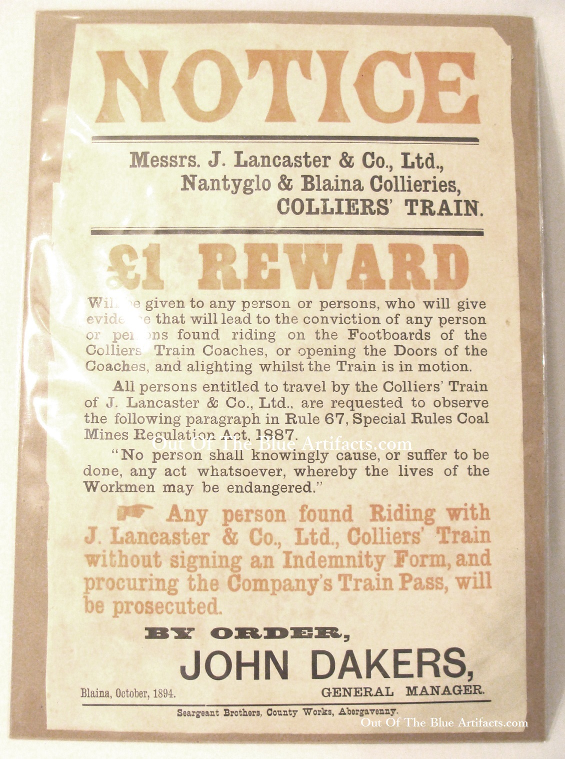 John Lancaster & Co Nantyglo & Blaina Collieries – Reward Notice Poster ...