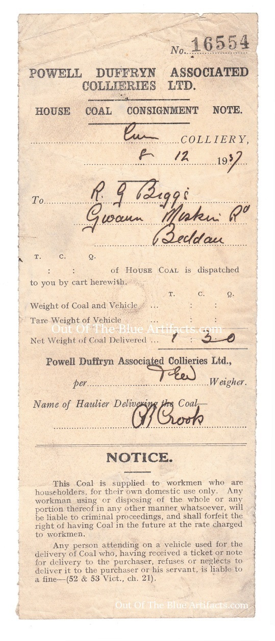 Powell Duffryn Associated Collieries Ltd – Coal Consignment Note – Out ...
