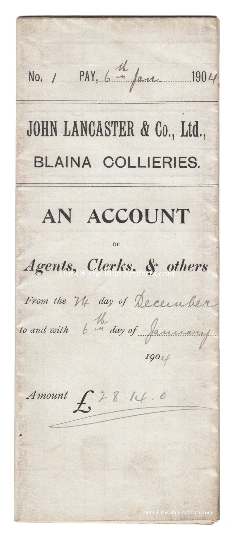 John Lancaster & Co Ltd, Blaina Collieries – Accounts Sheet 1903-1904 ...